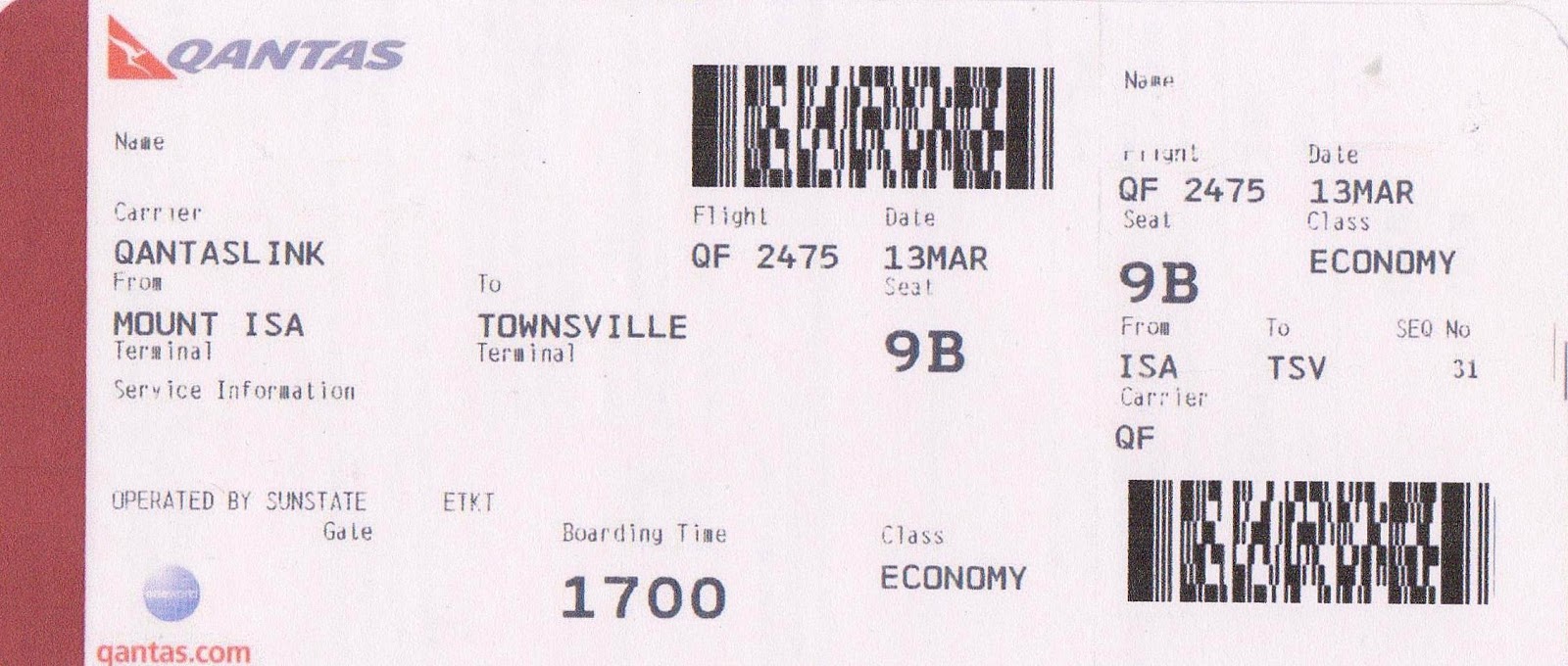 The traveler's drawer: QANTAS. Boarding pass for the flight QF 2475 ...