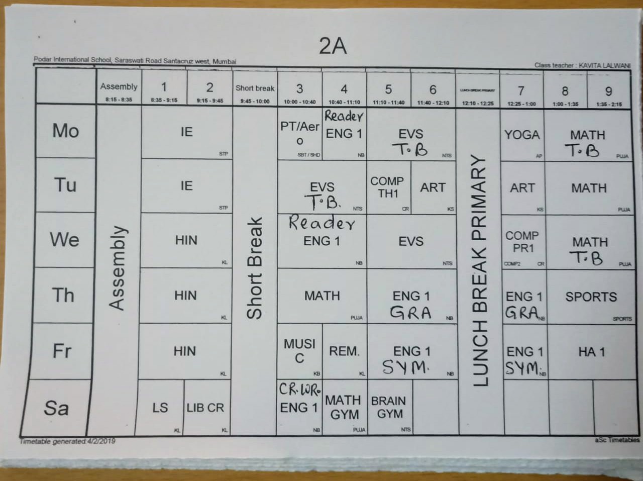 STARS OF PIS AHMEDABAD STD II: TIMETABLE OF CLASS 2 - ALL SECTIONS