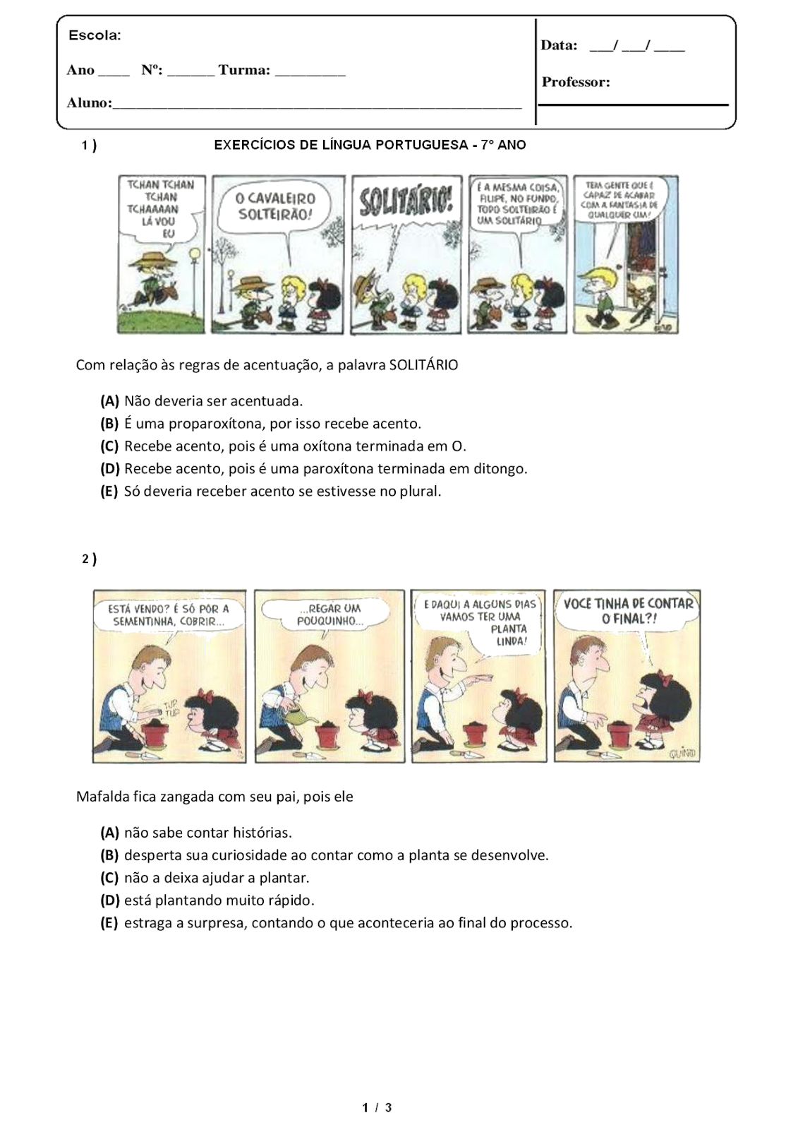 Atividade Português 7 Ano - ZULEDU