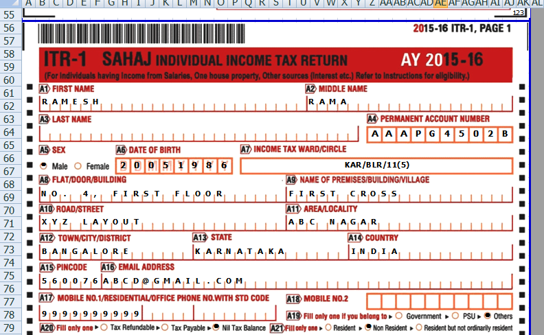 ITR 1 (Sahaj) in excel for AY 2015-16 with auto fill function for printing