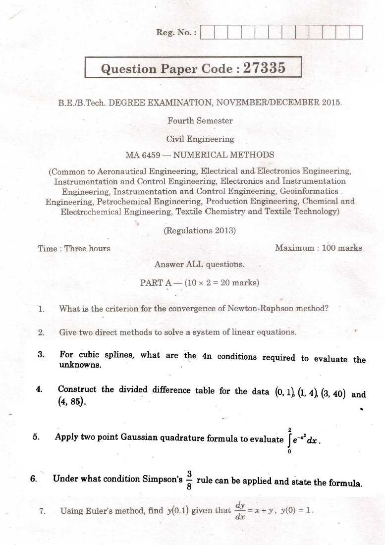 MA6459 Numerical Methods Nov Dec 2015 Question Paper - University ...