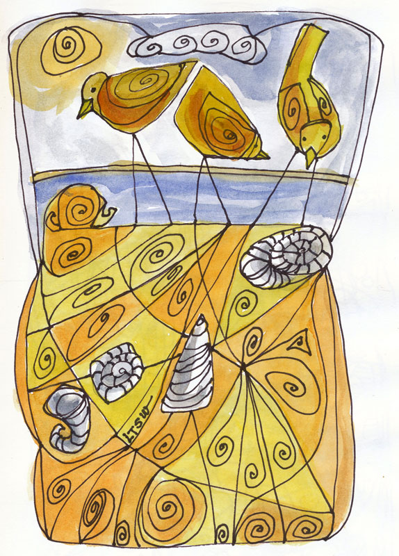 Whimsical Art International: "Shell Hunt" a small watercolor drawing ...