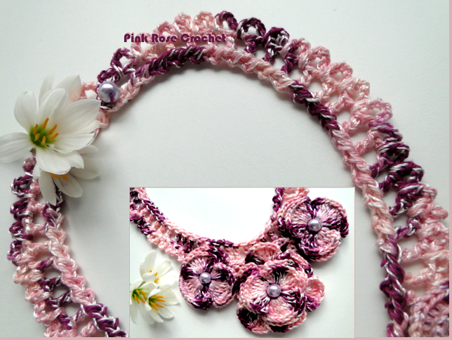 Pink Rose Crochet: Colar Rayza Crochet Flowers Necklace