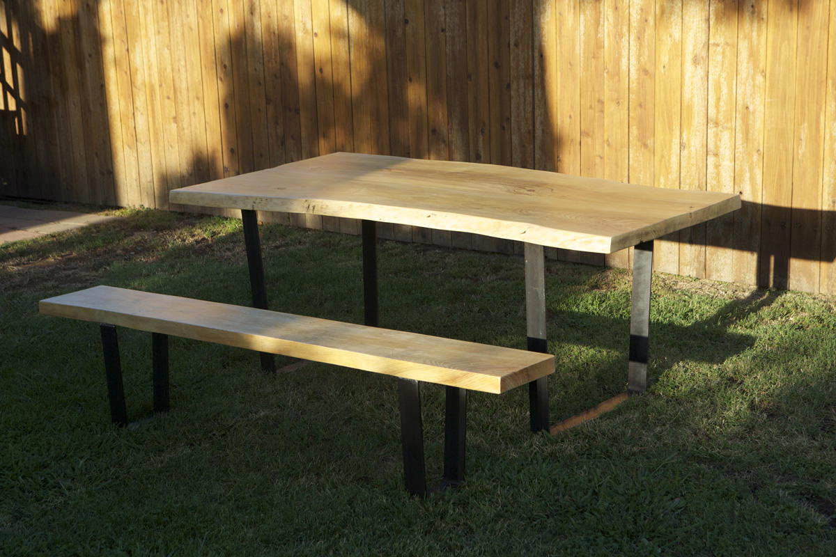 Arbor Exchange | Reclaimed Wood Furniture: Live Edge Slab Table + Bench