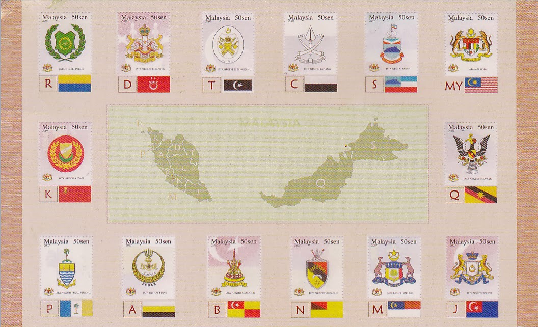 Postcard A La Carte: Malaysia - Country Map with State Flags and Emblems
