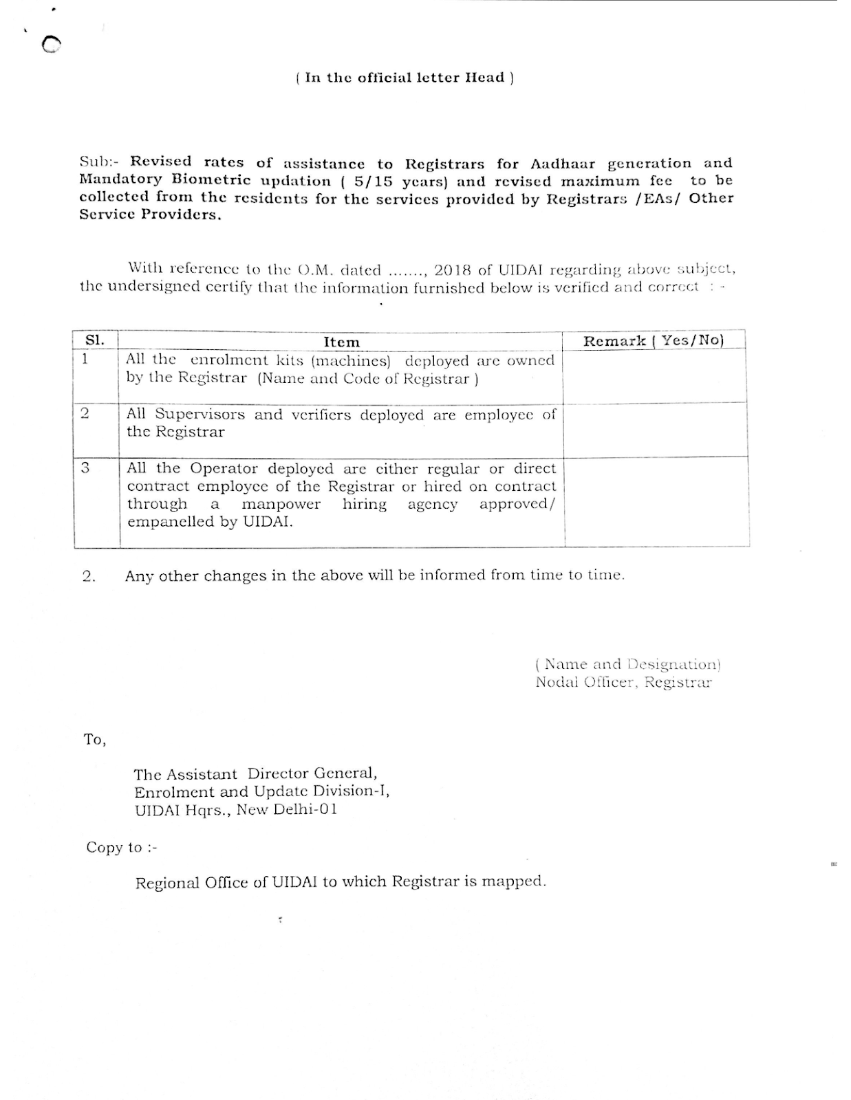 Revised rate for Aadhaar generation and Bio metric Updation in Post Offices