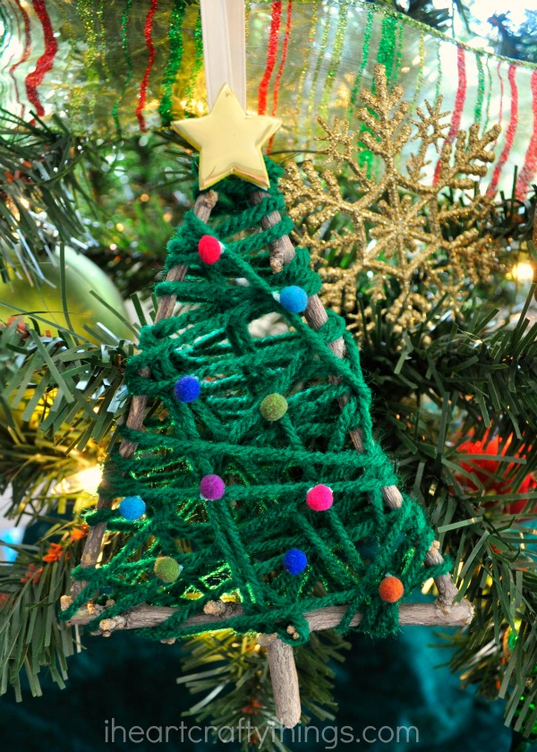 Yarn Wrapped Christmas Tree Twig Ornament - I Heart Crafty Things