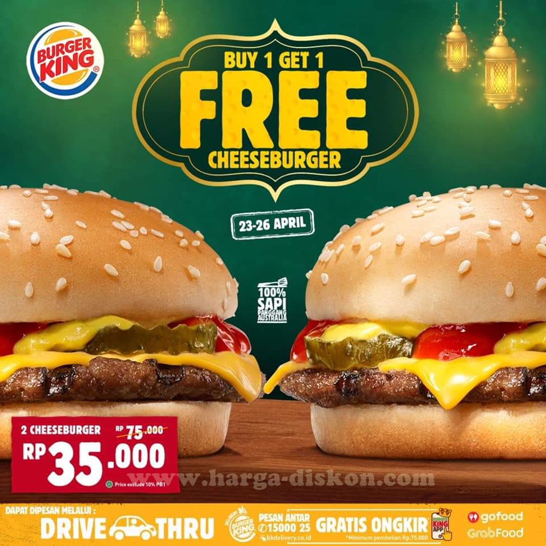 Ada BUY 1 GET 1 FREE CHEESE BURGER lagi buat nemenin kamu dirumah.