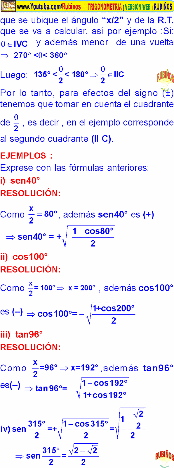 IDENTIDADES DEL ANGULO MITAD EJERCICIOS RESUELTOS DE TRIGONOMETRIA PDF
