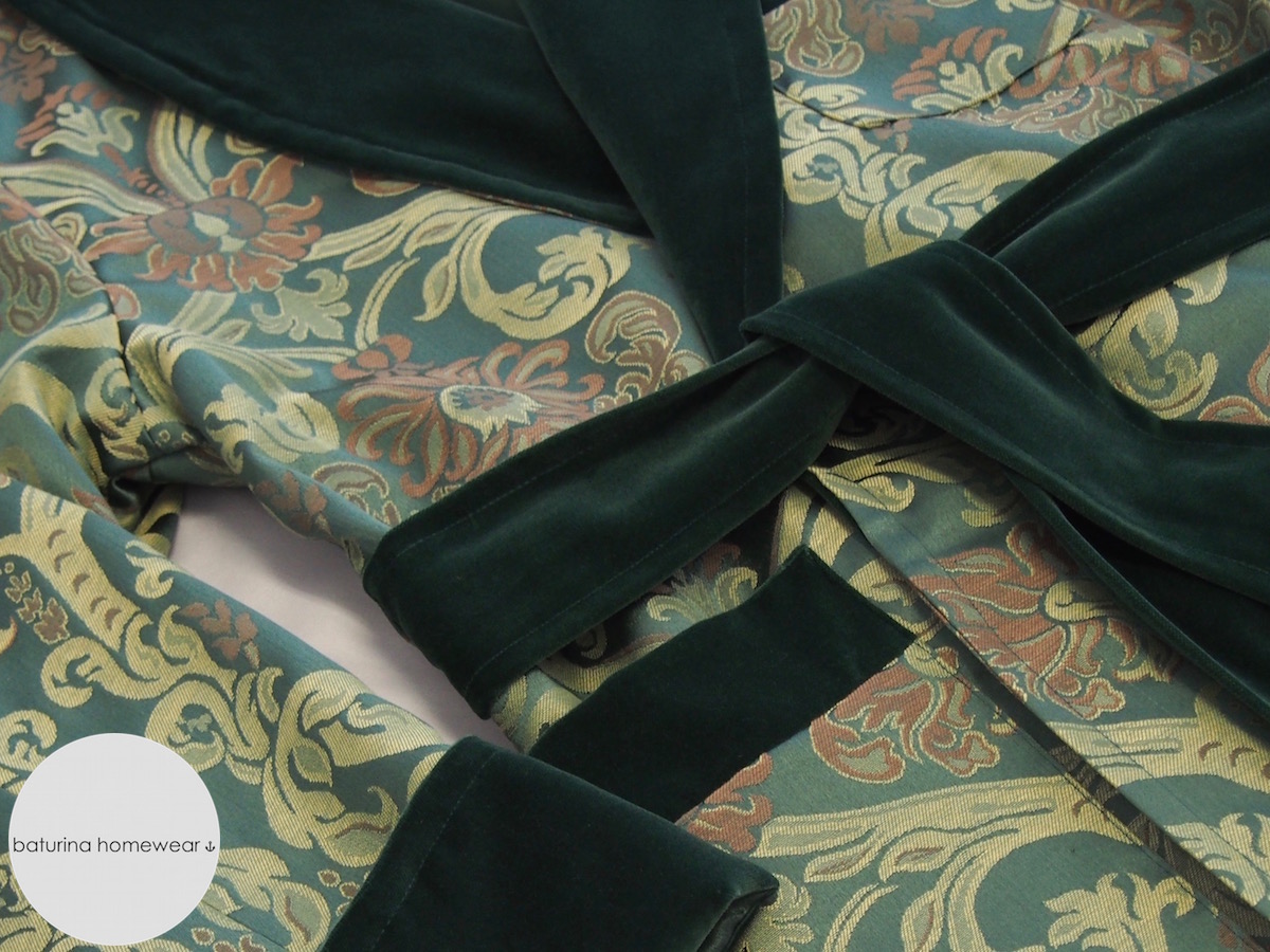Men's Luxury Dressing Gown in Green Floral Paisley Silk and Velvet