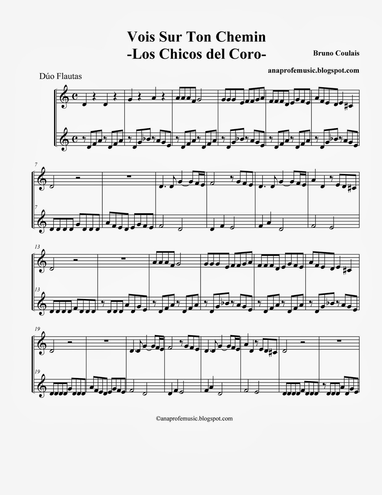 AnaProfeMusic: Partitura a Dúo para Flautas: Vois Sur Ton Chemin ...