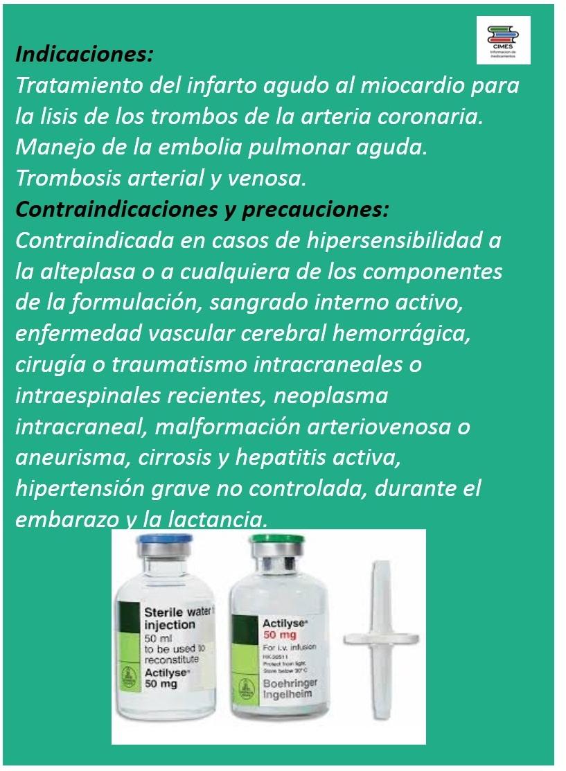 #UsoMedicamento:Alteplasa.Trombolítico, Activa el paso de plasminógeno ...