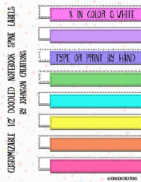 Johnson Creations: Customizable Doodled Notebook Spine Labels- 1/2" and 1"