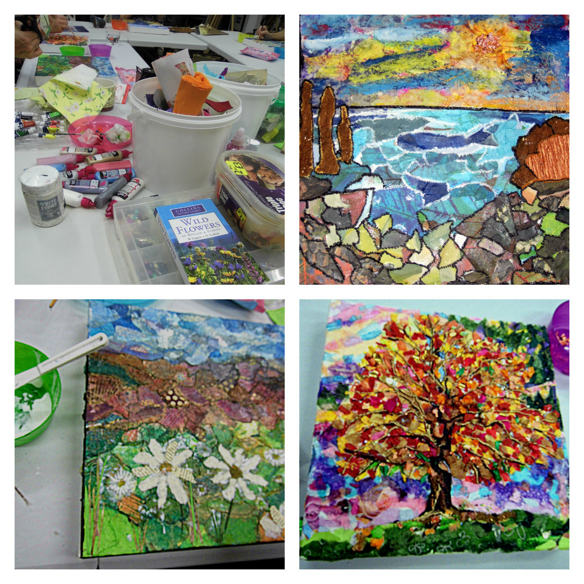 Paper Rainbow: Collage workshop, finished pieces.