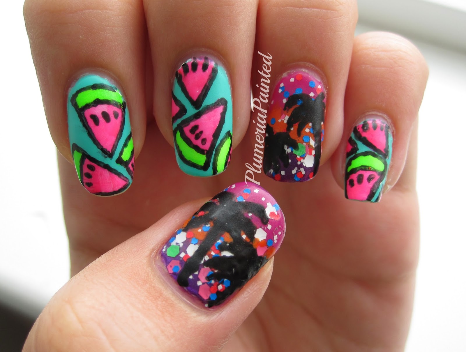 PlumeriaPainted: Watermelon + Palm Tree Nail Art