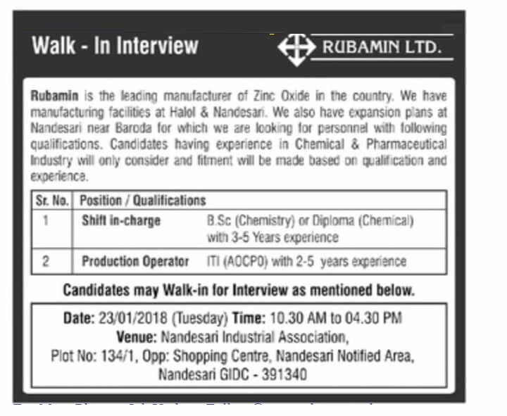 Rubamin LTD walk-in for shift in-charge & Operator on 23rd January 2018 ...