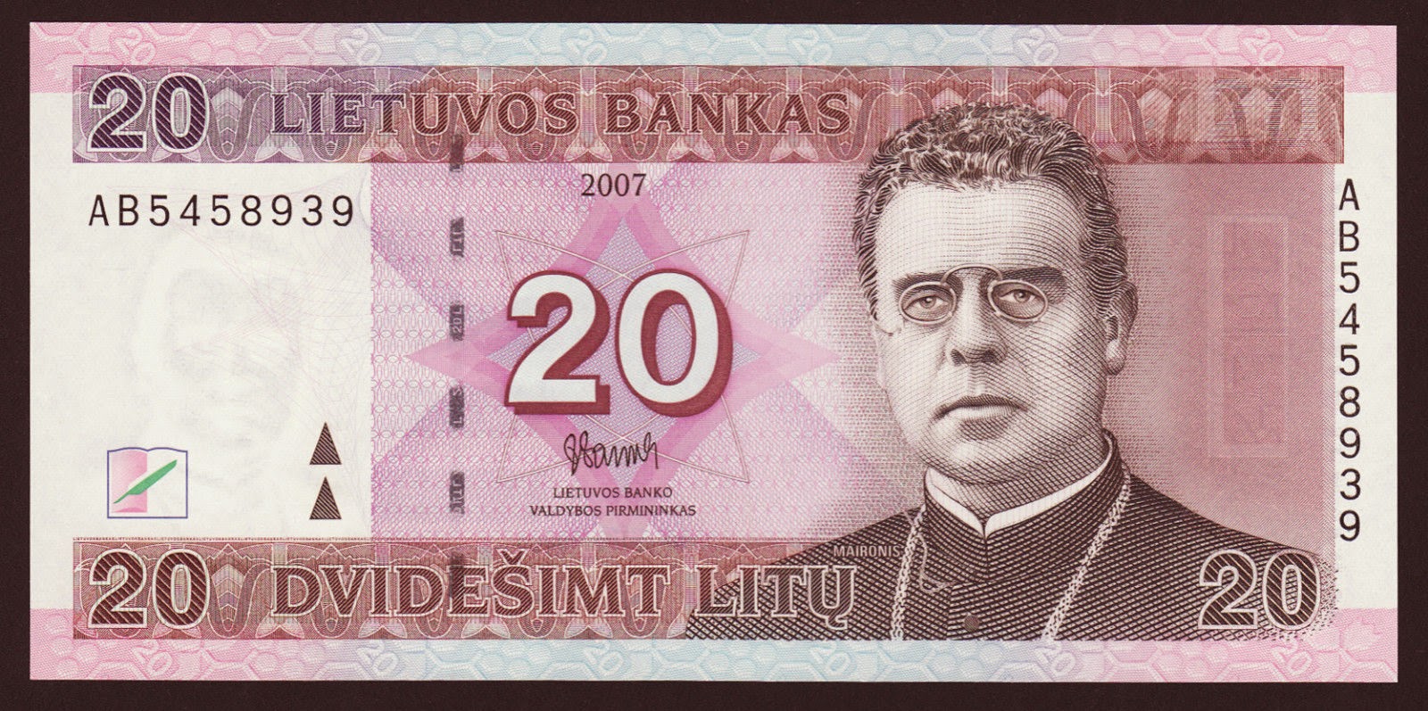 Lithuania 20 Lithuanian Litas banknote 2007 Maironis|World Banknotes ...