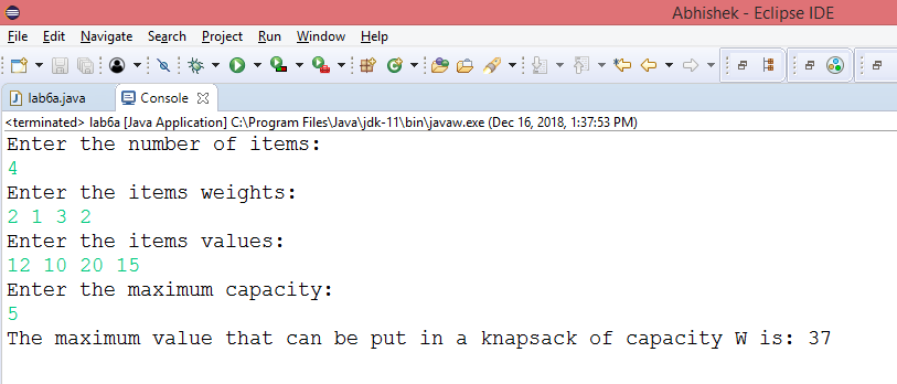 VTU CSE LABS: DAA 6 A - 0/1 KNAPSACK - DYNAMIC PROGRAMMING METHOD