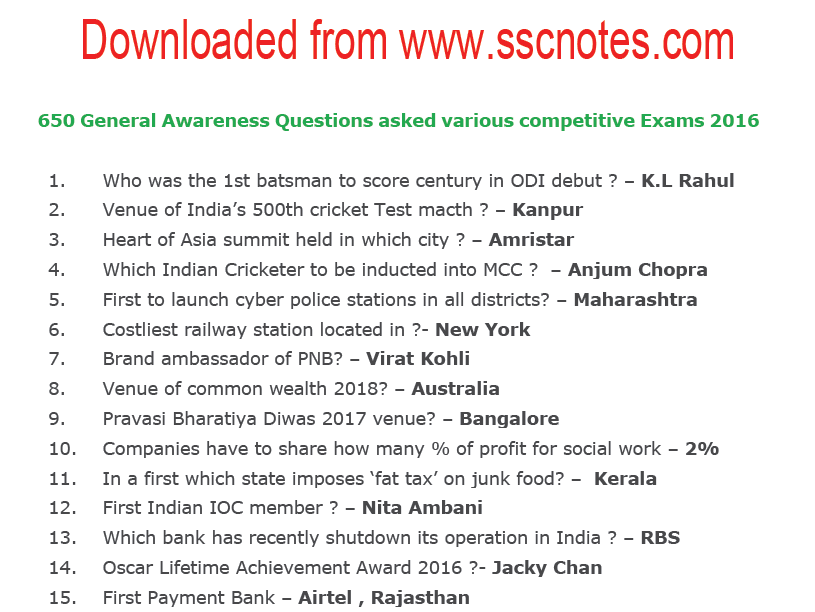 General Awareness Questions And Answers For Competitive Exams