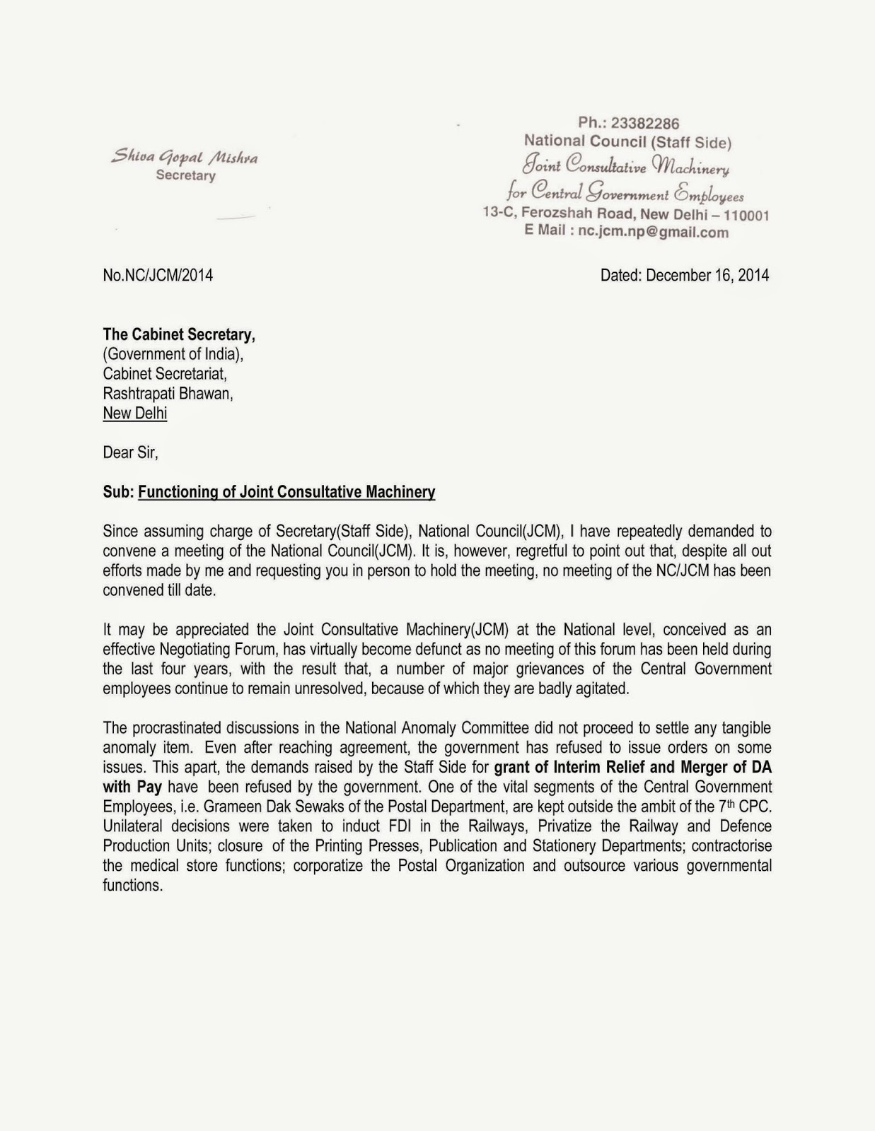 ALL INDIA POSTAL EMPLOYEES UNION - GDS (NFPE): NCJCM Letter addressed ...