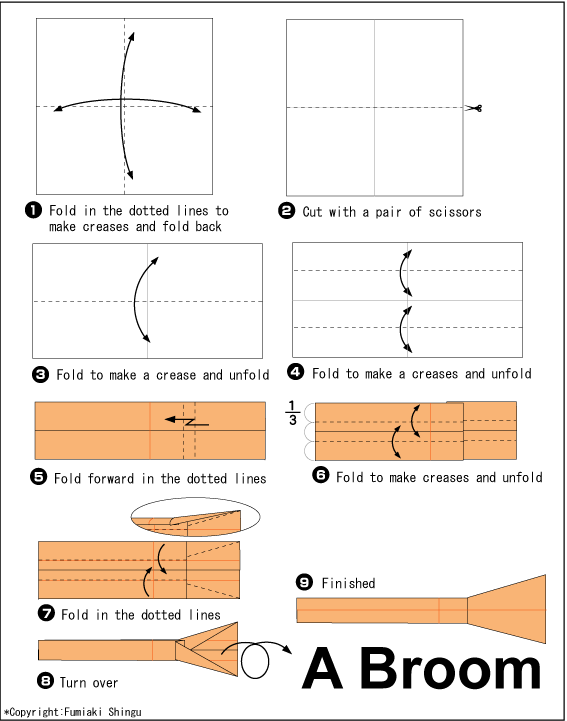 Origami A Witch and Broom - Easy Origami instructions For Kids