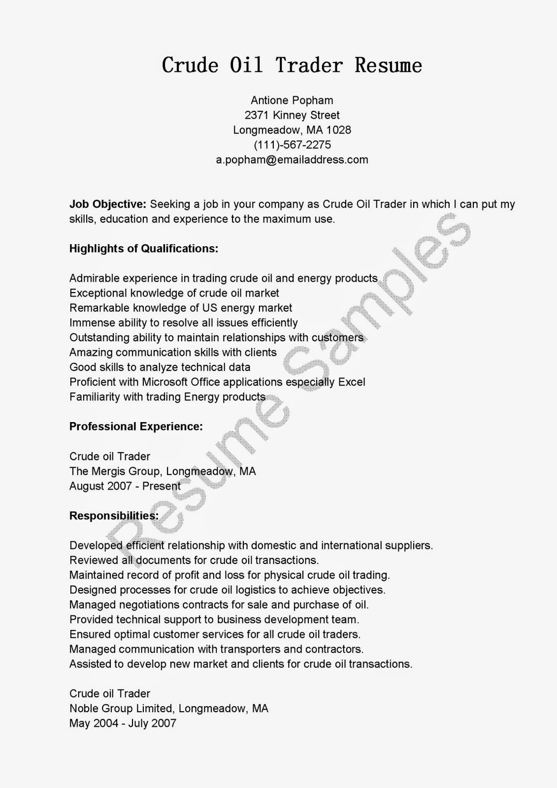 Resume Samples: Crude Oil Trader Resume Sample