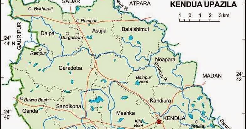 Kendua Upazila Map, Netrokona District, Bangladesh