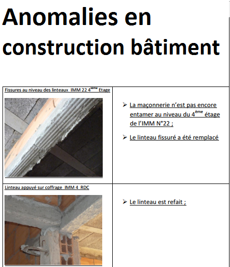 Exemple d'anomalies chantier bâtiment avec les corrections