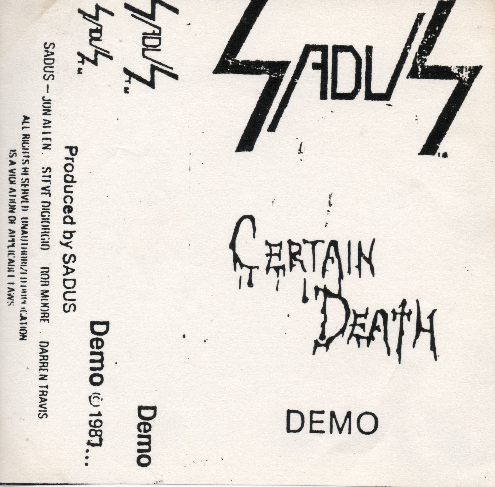 Swirl of Gore: SADUS - CERTAIN DEATH - 1987 DEMO TAPE