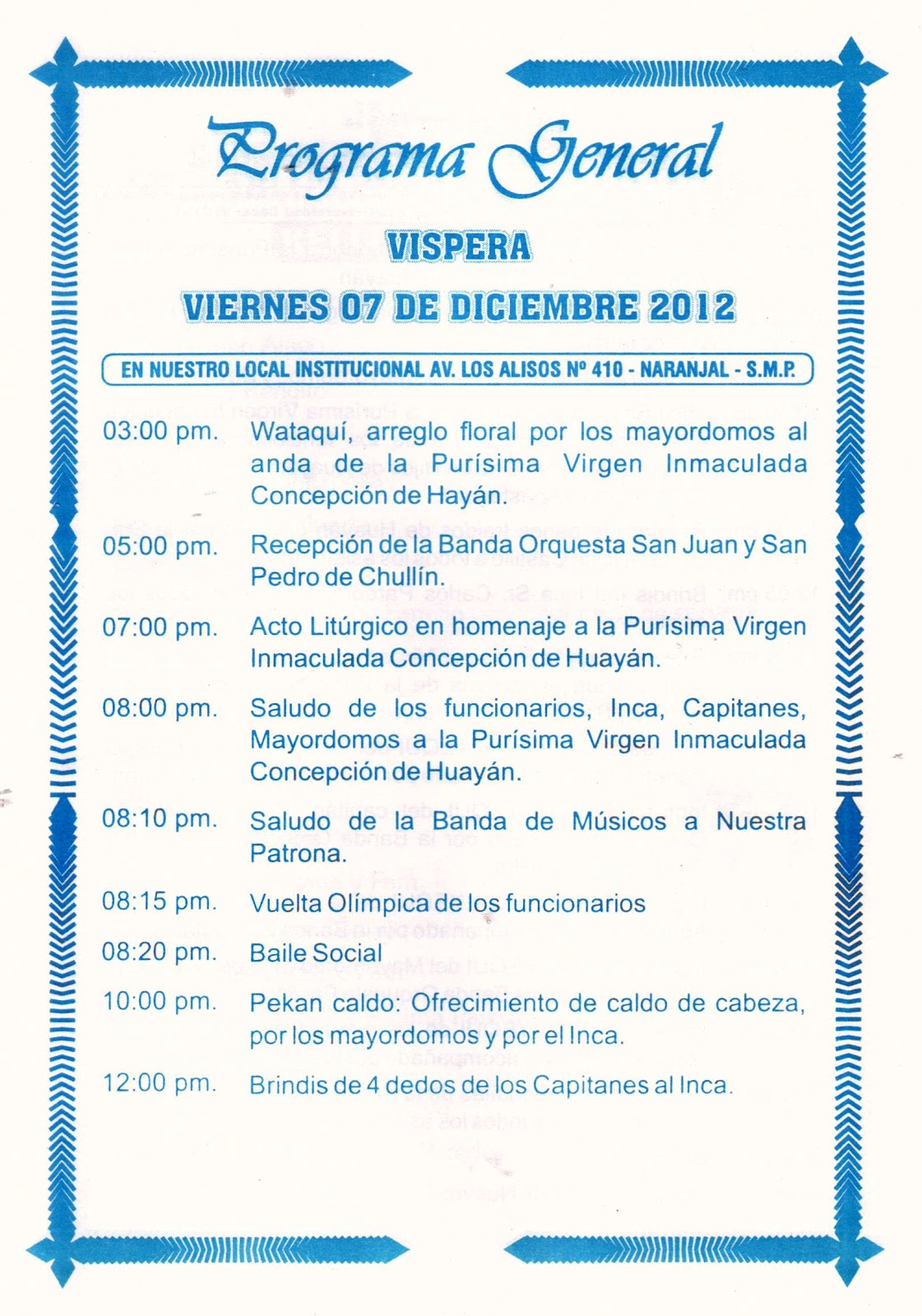 HUAYÁN QUERIDO: PROGRAMA PARA LA FIESTA DEL 08 DE DICIEMBRE EN LIMA