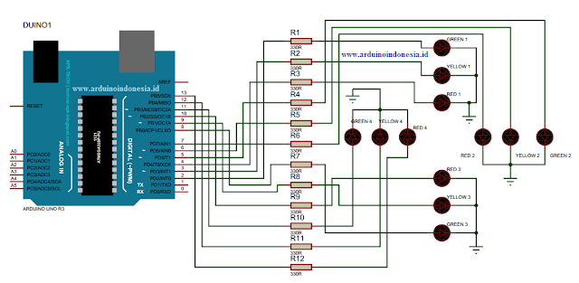 Program Arduino dan Tutorial Traffic Light 4 Way/Jalur (Tutorial Lampu ...