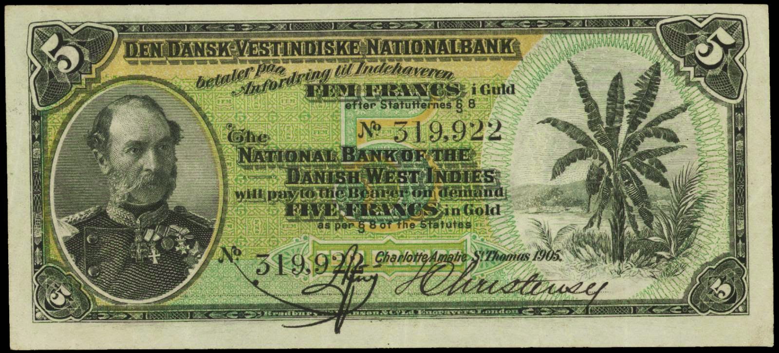 Danish West Indies 5 Francs in Gold note 1905|World Banknotes & Coins ...