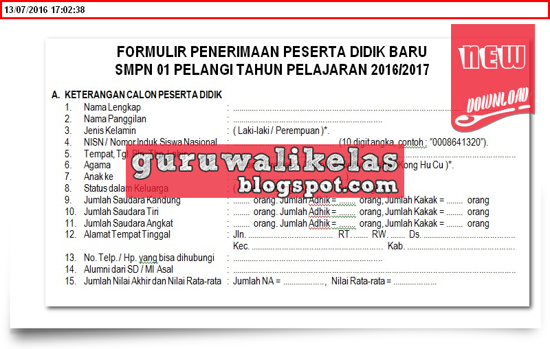 Formulir PPDB/PSB SD SMP SMA SMK New 2016/2017