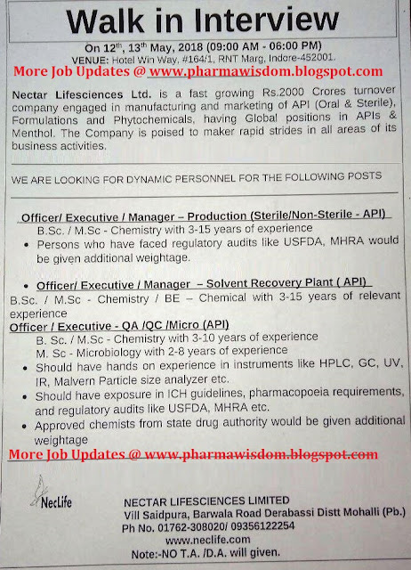 Nectar Lifesciences Ltd - Walk-In Interviews for Production / QA / QC ...