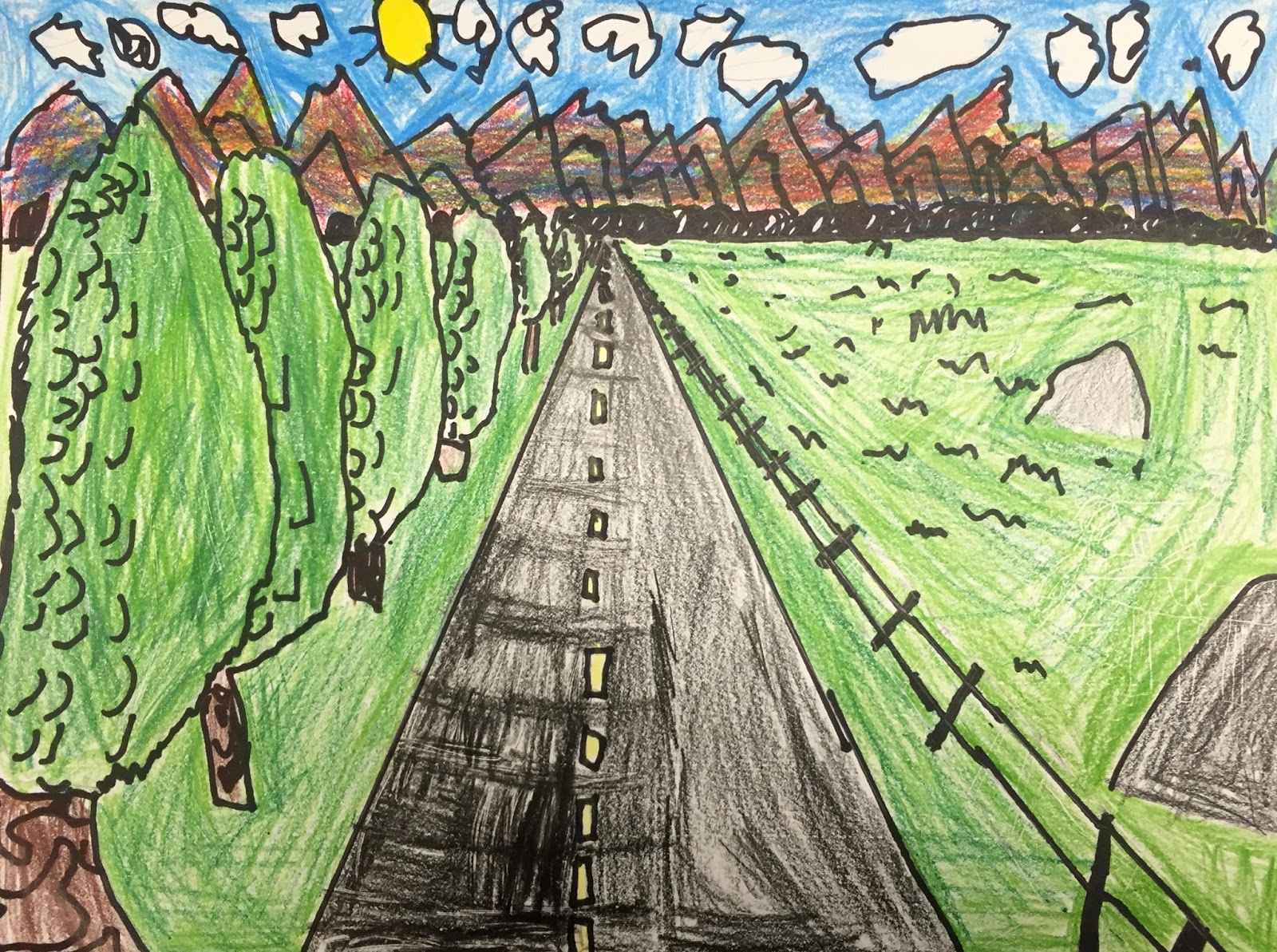 Elements of the Art Room: 5th grade One Point Perspective Landscapes