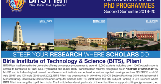 PhD Admissions @ Pilani, Goa and Hyderabad campuses of BITS Pilani.