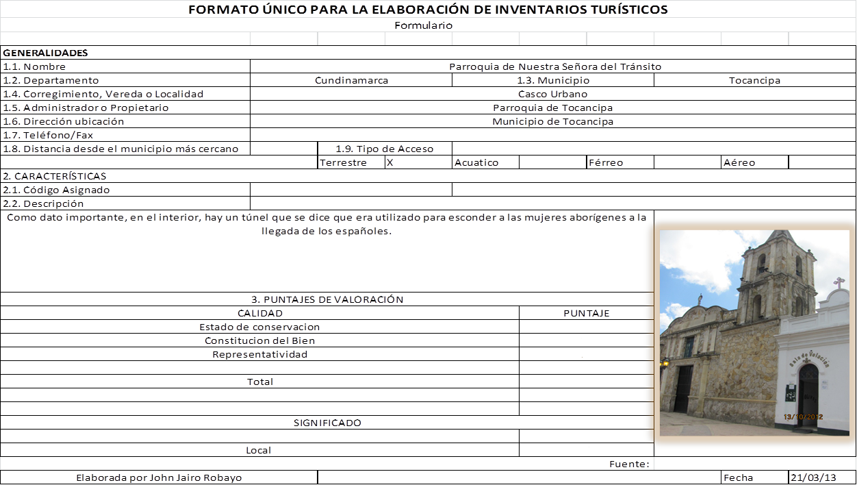 Turismo en Tocancipá Cundinamarca : formato de inventario turístico
