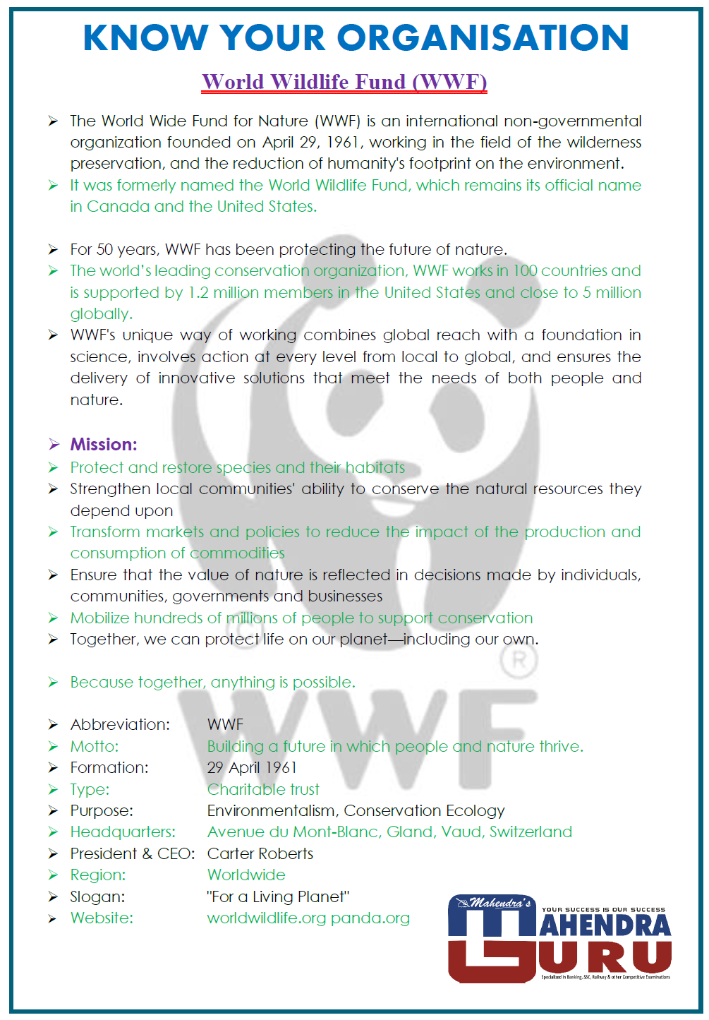 Know Your Organisation : WWF - Part - I