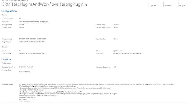 Dynamics 365 Customer Engagement: CRM 2015 Update 1 - Plugin Trace Log