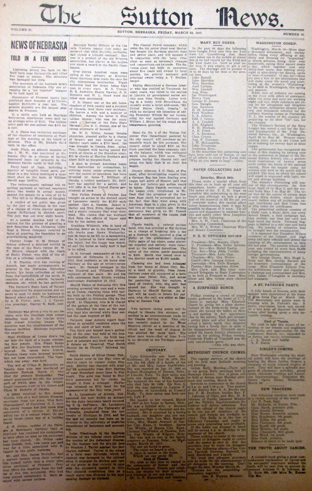 Sutton Nebraska Museum: Sutton News Pg 1 March 23, 1917