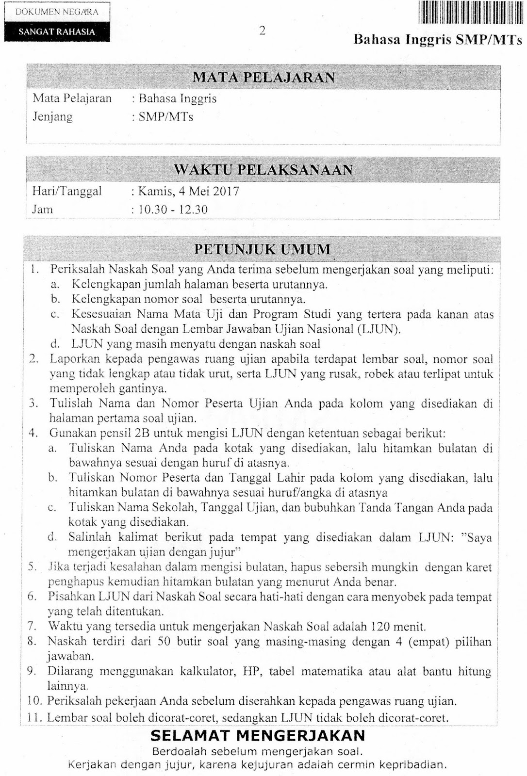 Latihan Dril Ujian Nasional (UN) Tahun 2019 - BAHASA INGGRIS SMP/MTs