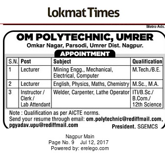 Om Polytechnic, Nagpur, Wanted Lecturers Plus Non-Faculty - Faculty Teachers