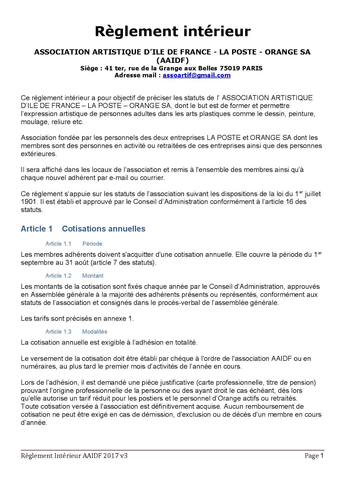 Association Artistique d'Ile de France: Le réglement intérieur
