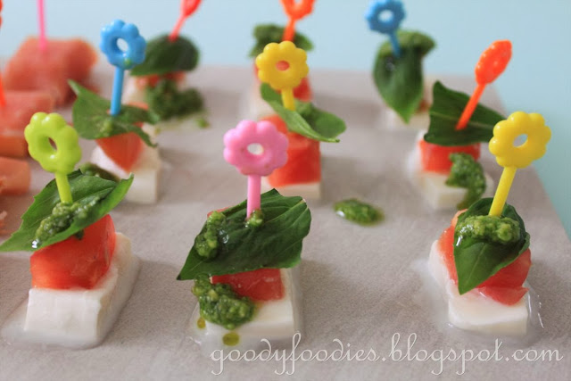 GoodyFoodies: Caprese salad canapes with basil pesto + Jamón Serrano ...