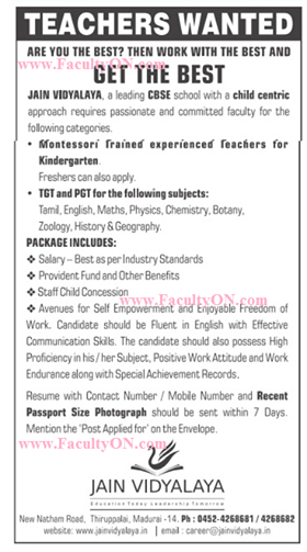 Jain Vidyalaya Madurai Wanted TGT plus PGT - Faculty Teachers
