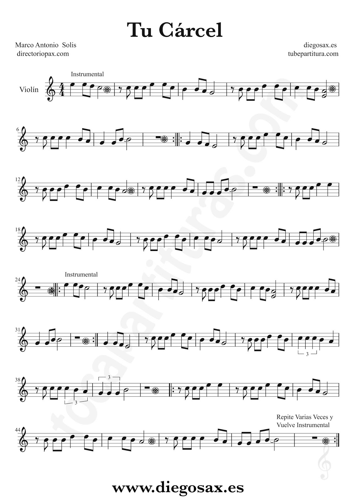 tubepartitura: Tu Cárcel partitura de Marco Antonio Solís de Violín ...