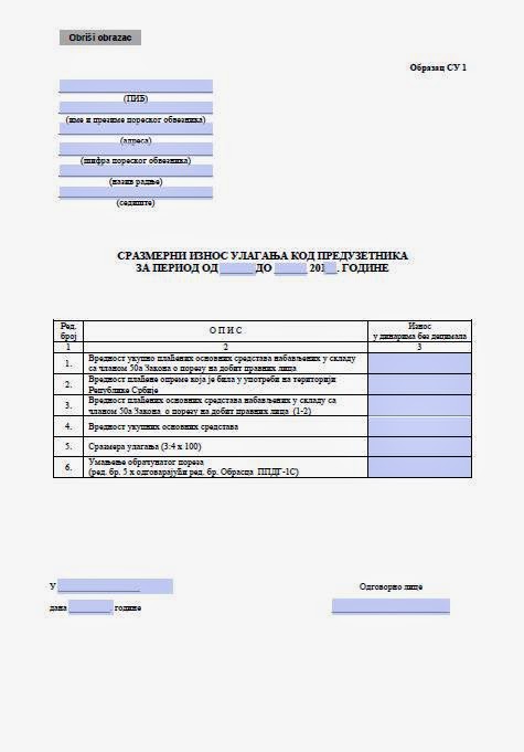 Obrasci za popunjavanje: Obrazac SU1