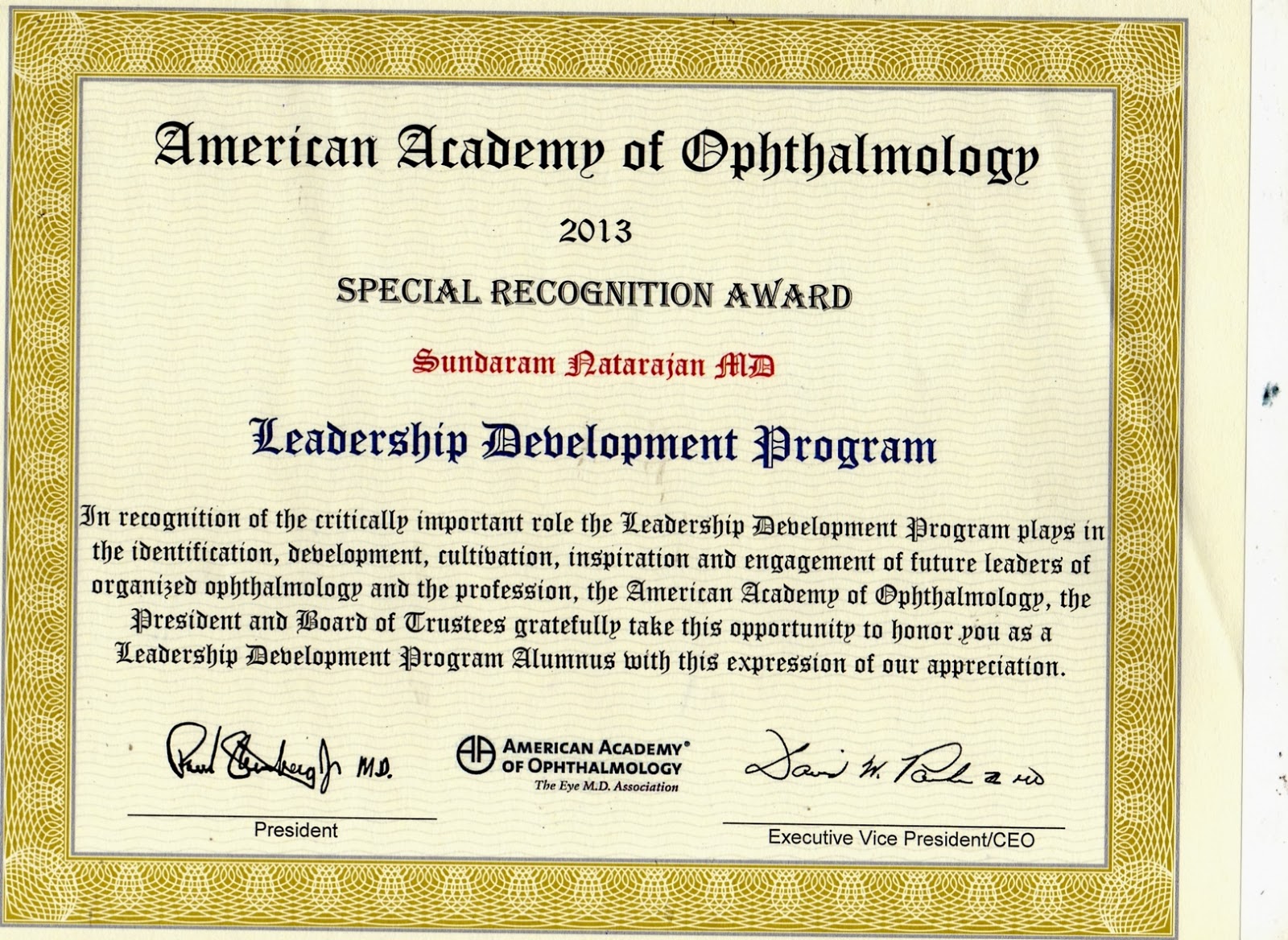 Prof. Dr. S Natarajan's Eye Space: Special Recognition Award By ...