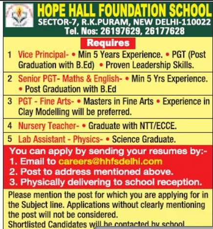 Hope Hall Foundation School, New Delhi, Wanted Teachers - Faculty Teachers