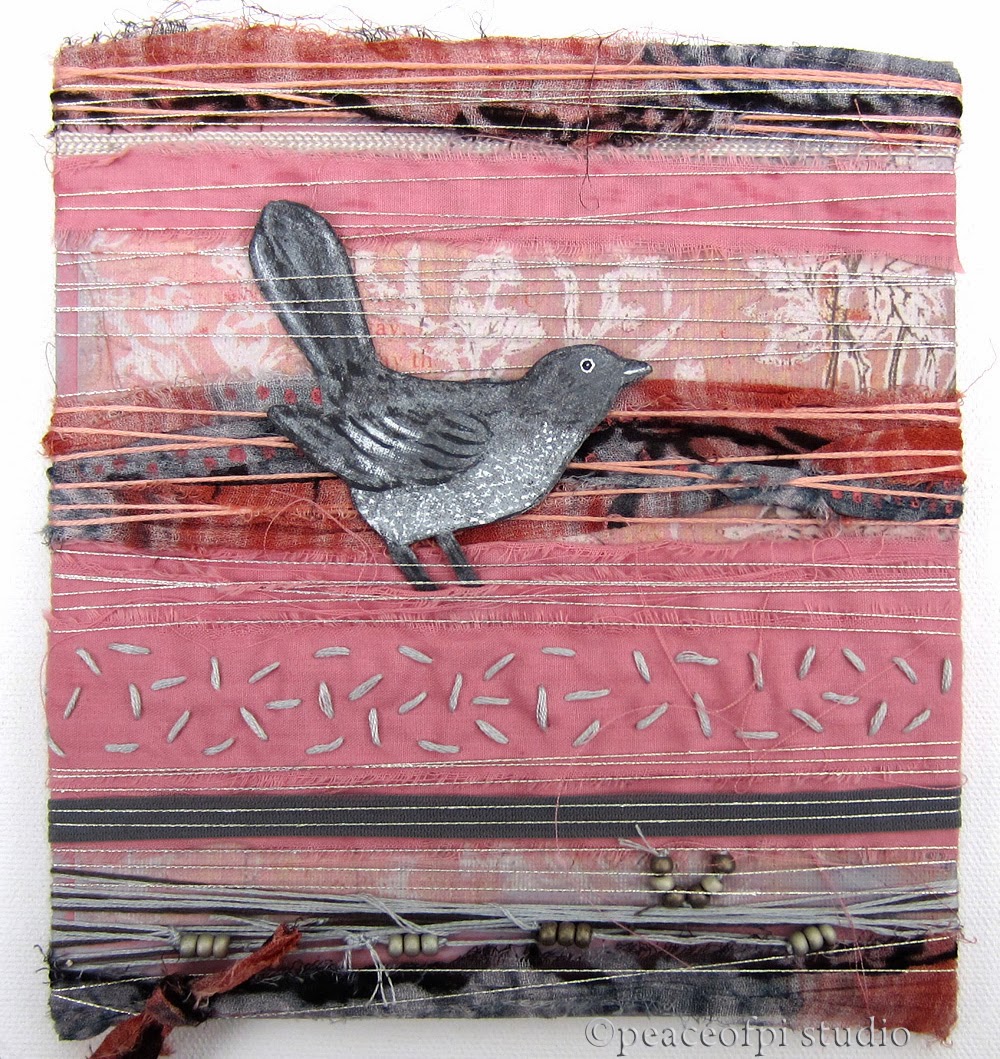 peaceofpi studio: Grey Bird Wrapped Fabric Collage
